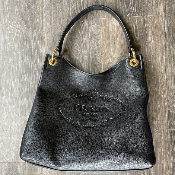 Prada | Bags | Authentic Prada Vitelli Phoenix Embossed Logo Hobo Black ...